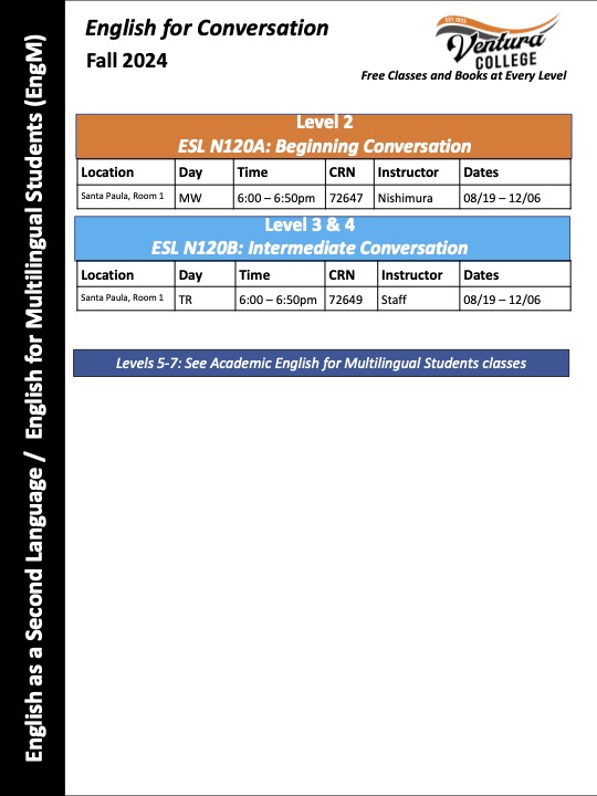 ESL and EngM Schedule of Classes | Ventura College