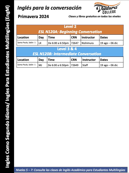 ESL and EngM Schedule of Classes | Ventura College