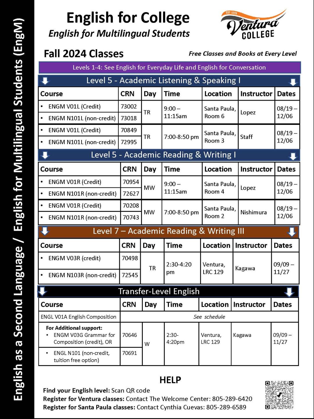 ESL and EngM Schedule of Classes | Ventura College