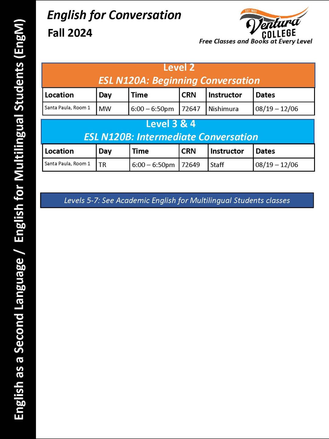 ESL and EngM Schedule of Classes | Ventura College
