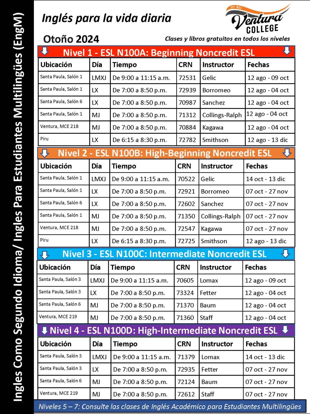 ESL and EngM Schedule of Classes | Ventura College